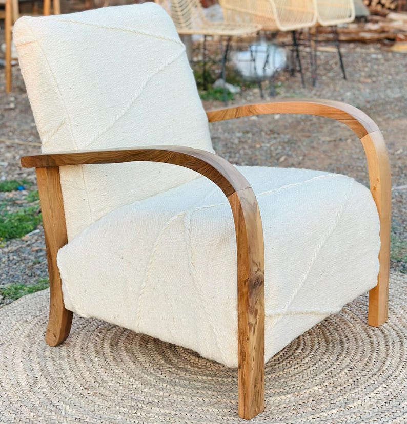 Handmade Walnut Wood Moroccan Chair, Textured Fabric Armchair, Rustic ...