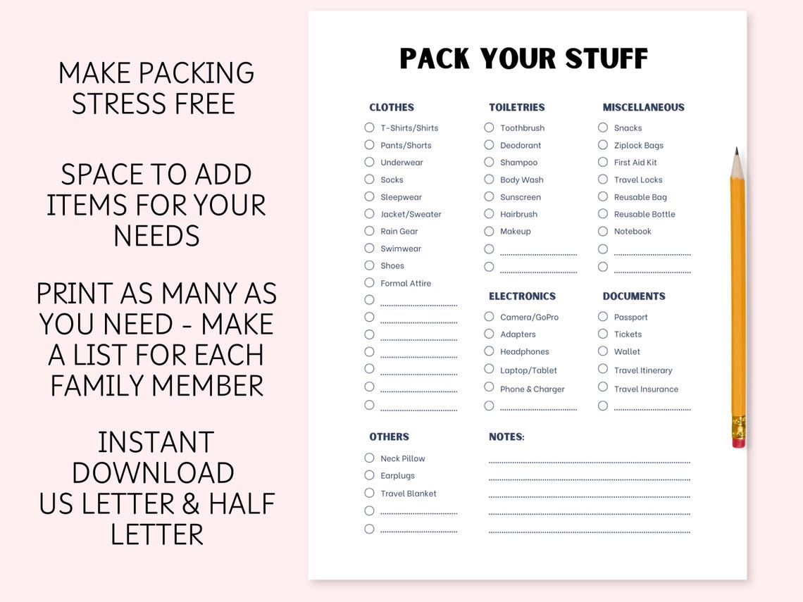 Printable Packing List | Basic Packing List | Packing Checklist ...