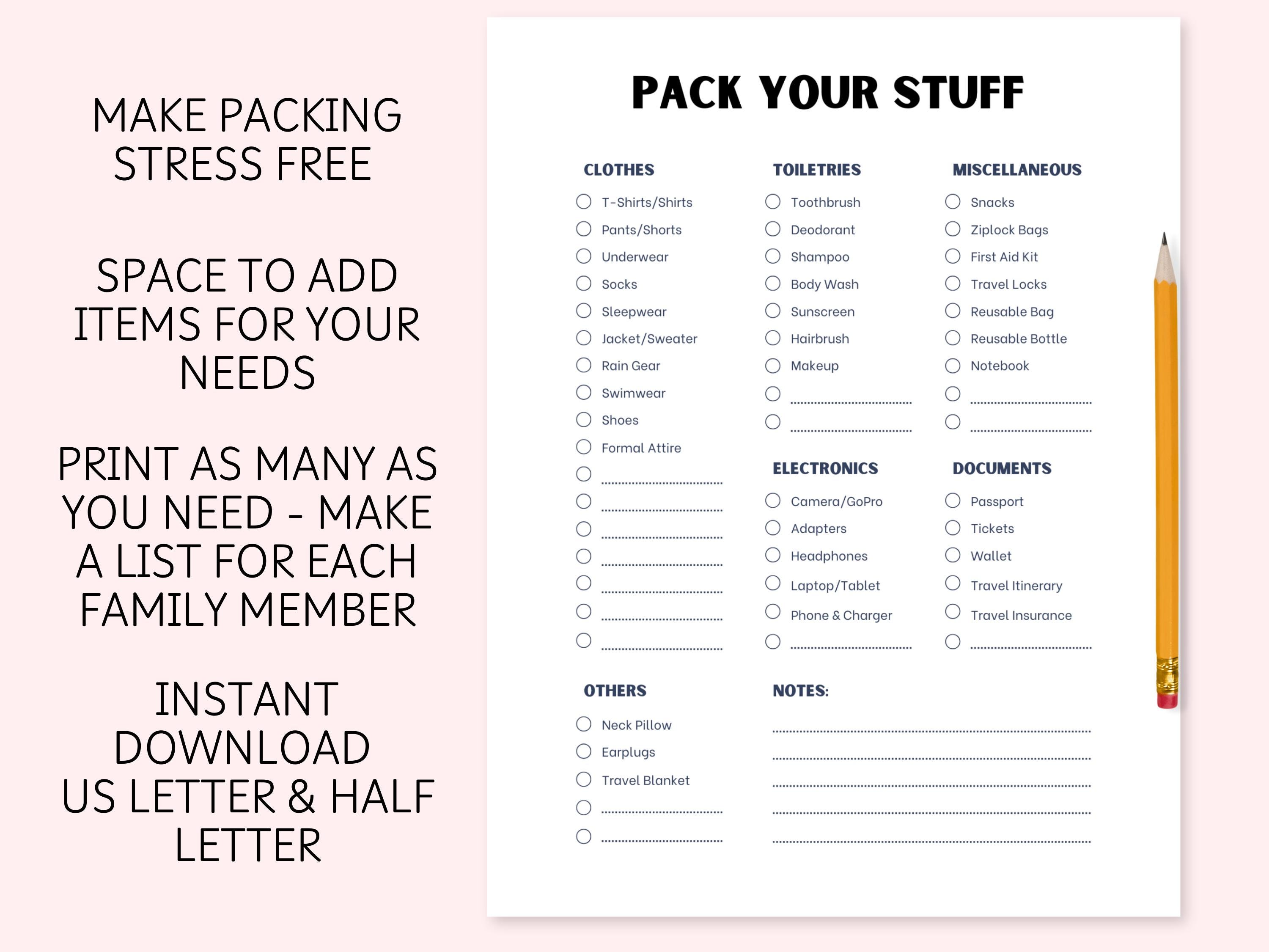 Printable Packing List | Basic Packing List | Packing Checklist ...