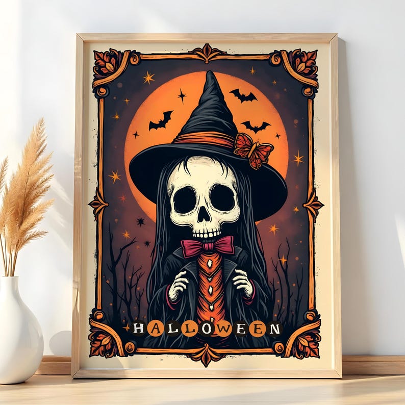 Spooky Halloween Man Witch Skeleton Art - Halloween Decor, Instant ...
