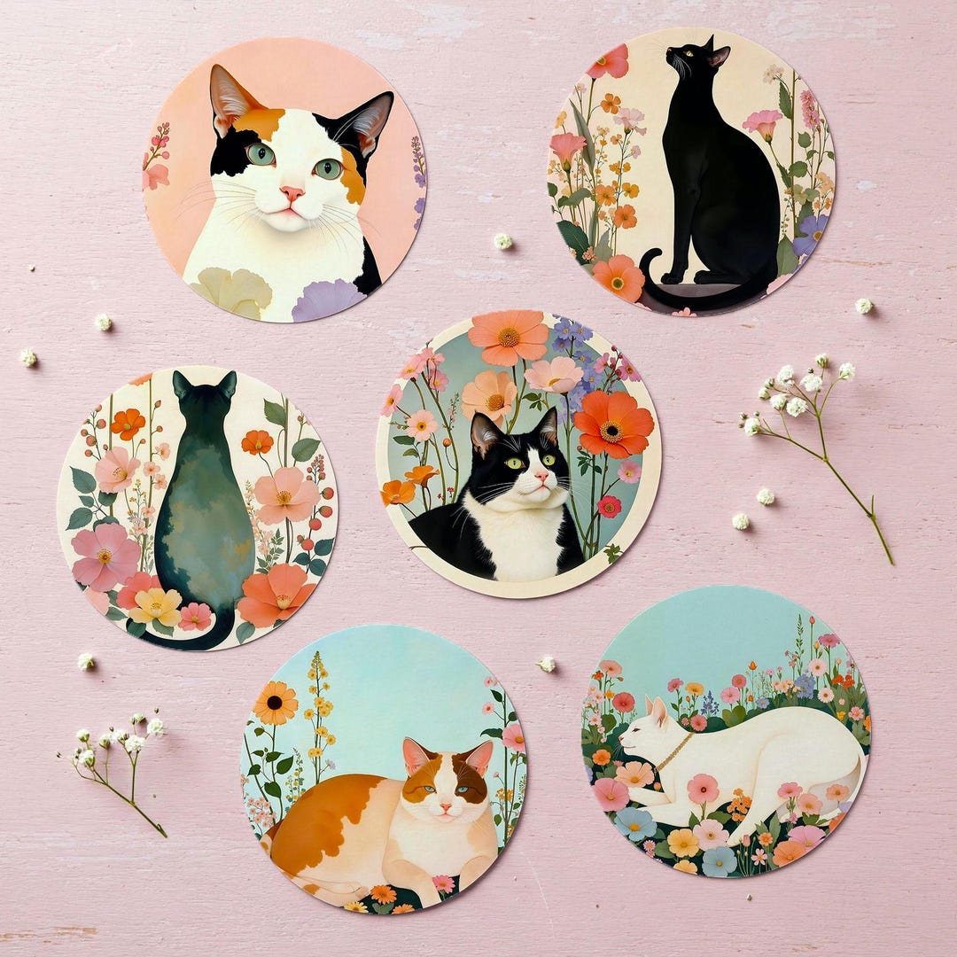 Printable Cat Coasters, 8 Round Designs, Cat & Floral Sublimation PNG ...