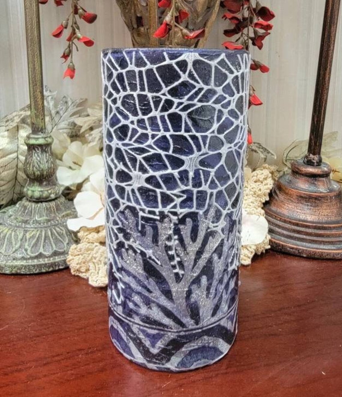 Under the Sea Vase - Cylindrical Flower Vase - Navy Blue and White ...