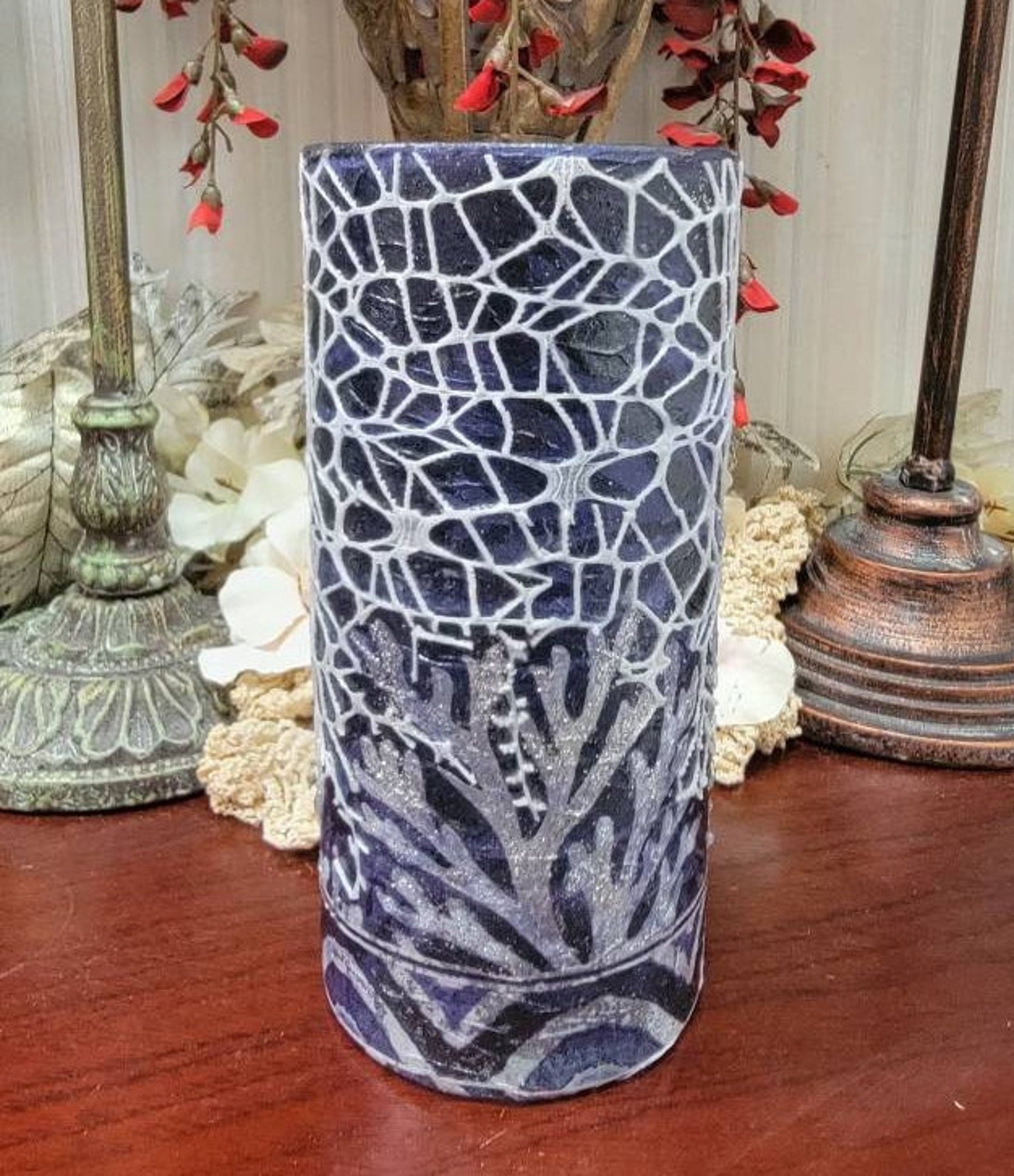 Under the Sea Vase - Cylindrical Flower Vase - Navy Blue and White ...