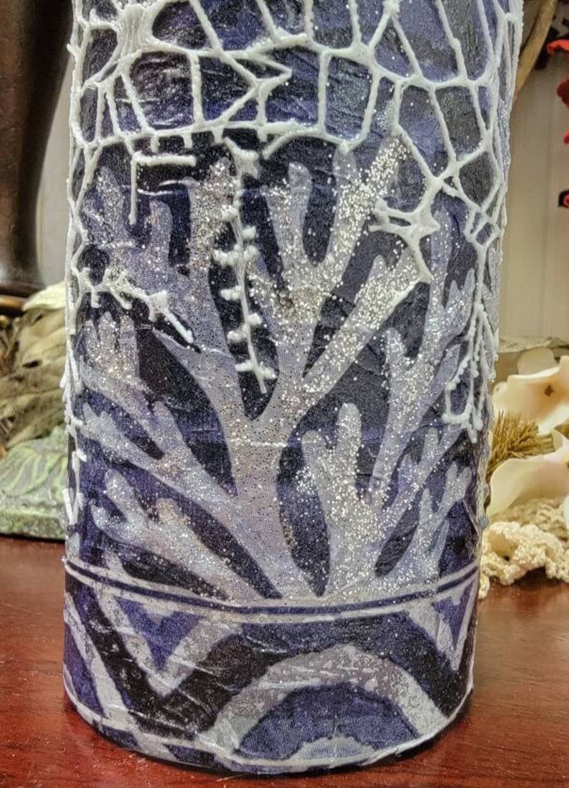 Under the Sea Vase - Cylindrical Flower Vase - Navy Blue and White ...