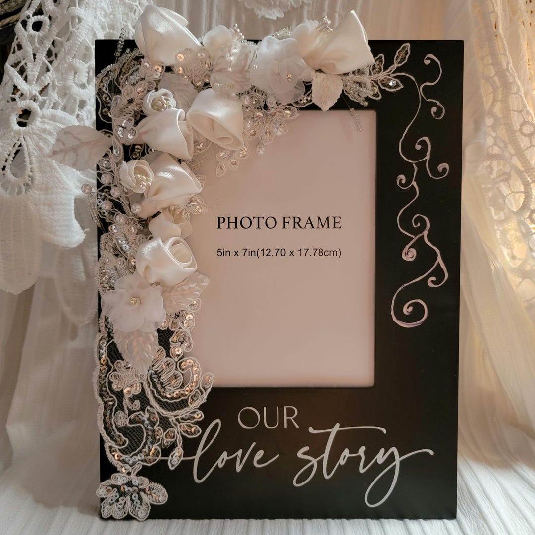 NEW - Wedding Frame - Wedding - Black Frame With White Trim Satin Roses ...