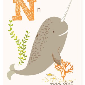 ABC Wall Art, ABC Card, N is for Narwhal, Alphabet Flash Cards, Nursery ...