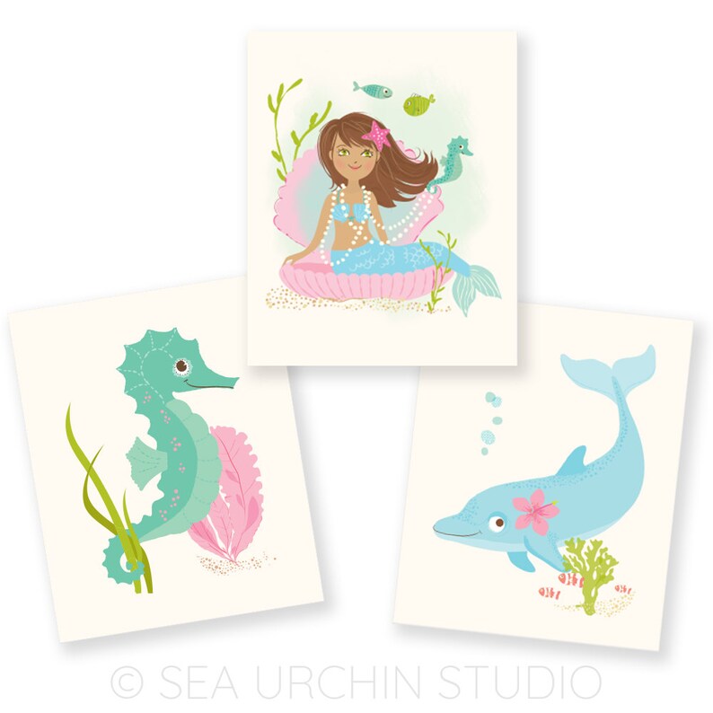 Ocean wall art for girls Mermaid Seahorse Dolphin nursery | Etsy