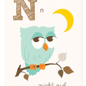 ABC Card, N is for Night Owl, ABC Wall Art, Alphabet Flash Cards ...