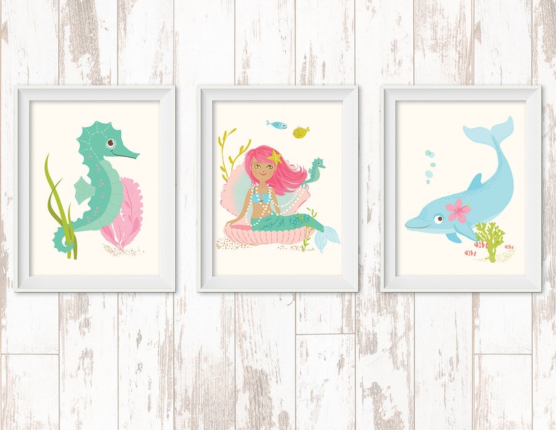 Ocean wall art for girls Mermaid Seahorse Dolphin nursery | Etsy