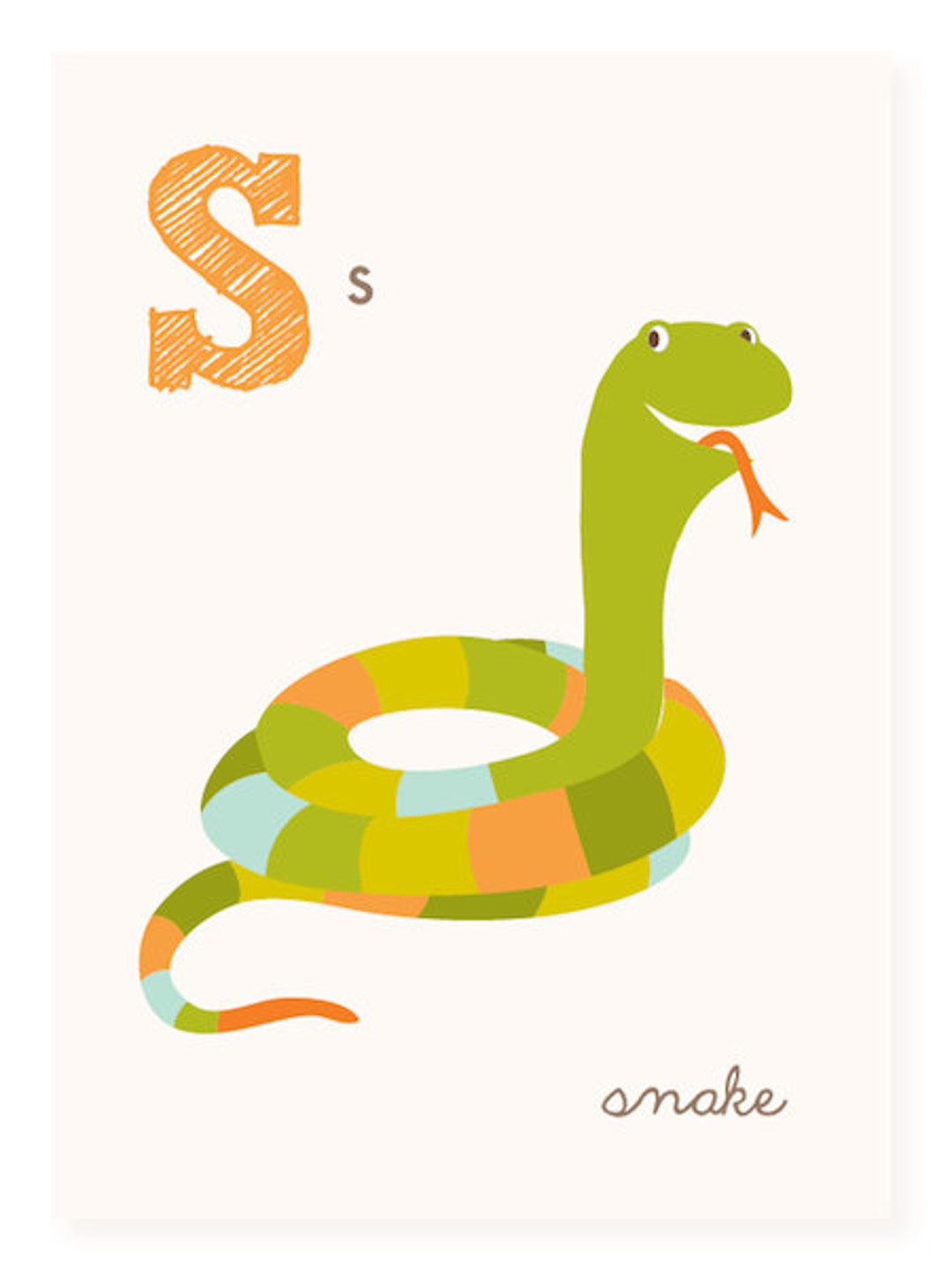ABC Card, S is for Snake, ABC Wall Art, Alphabet Flash Cards, Nursery ...