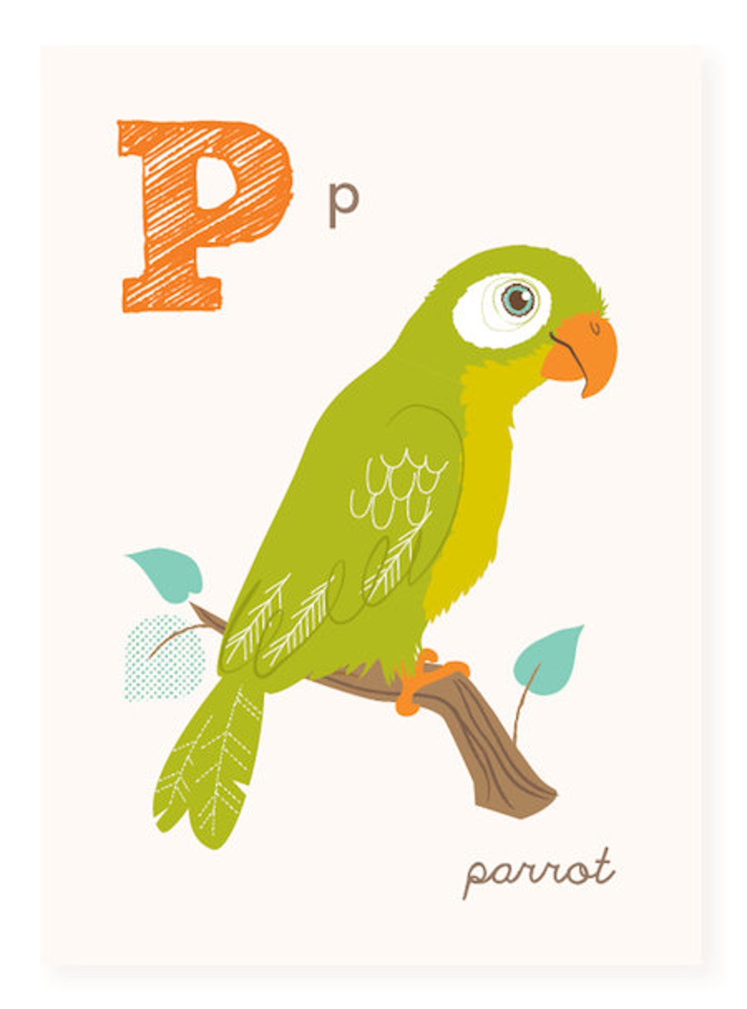 ABC Card, P is for Parrot, ABC Wall Art, Alphabet Flash Cards, Nursery ...