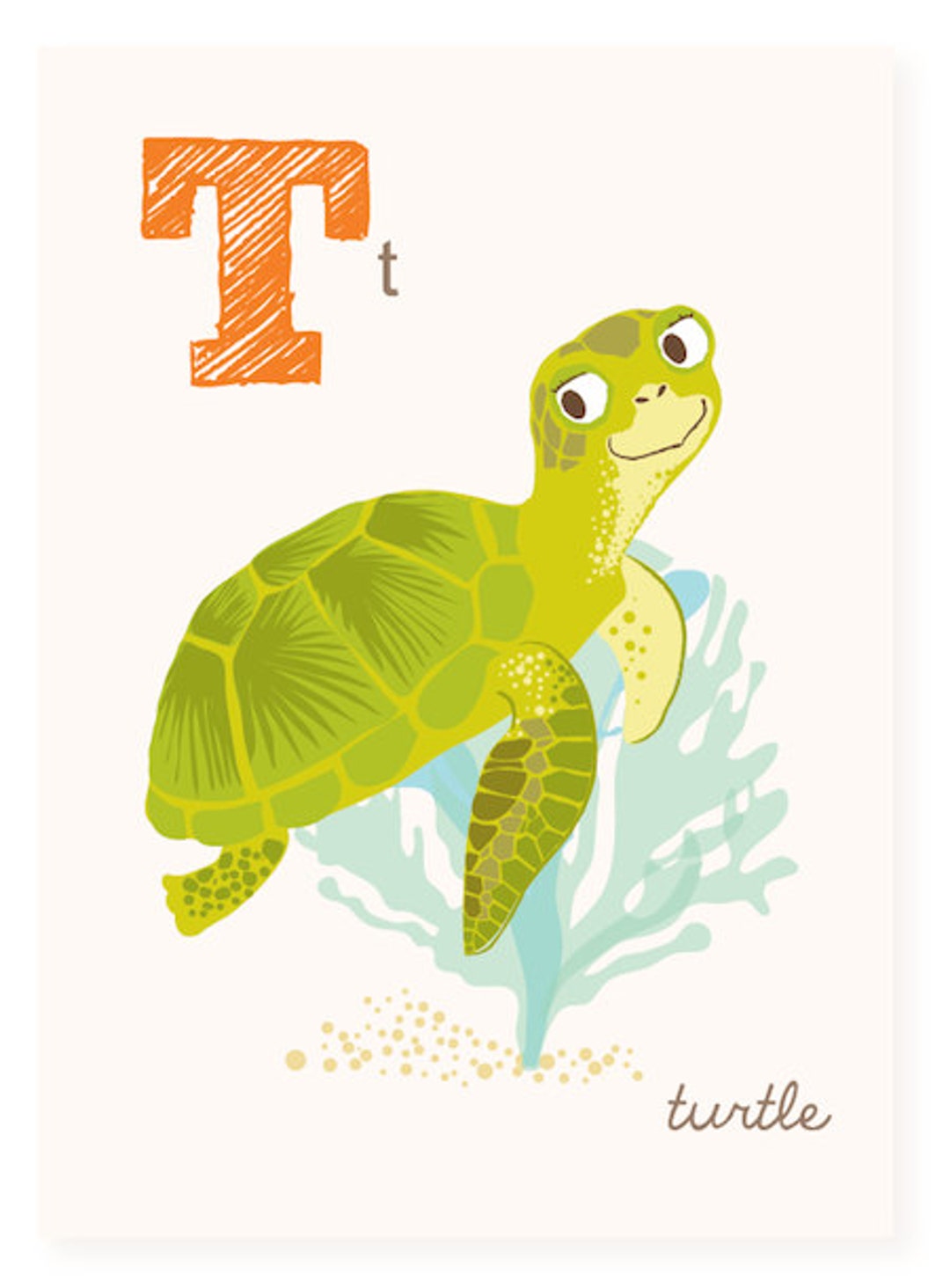 ABC Wall Art, ABC Card, T is for Turtle, Alphabet Flash Cards, Nursery ...