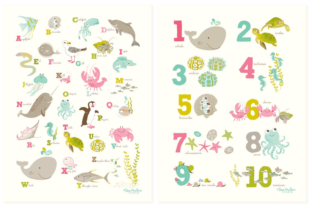 Ocean Wall Art for Kids, Alphabet, Numbers - Nursery Wall Decor, ABC ...