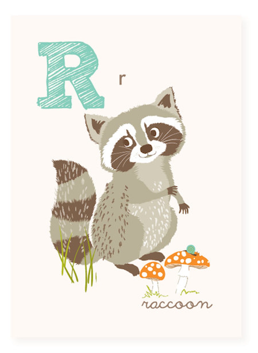 ABC Card, R is for Raccoon, ABC Wall Art, Alphabet Flash Cards, Nursery ...