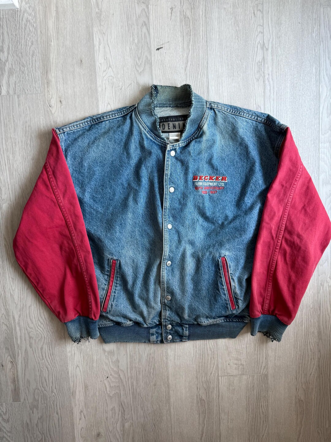 Vintage Denim Varsity Jacket Becker Farm Equipment 66th Anniversary 90s ...