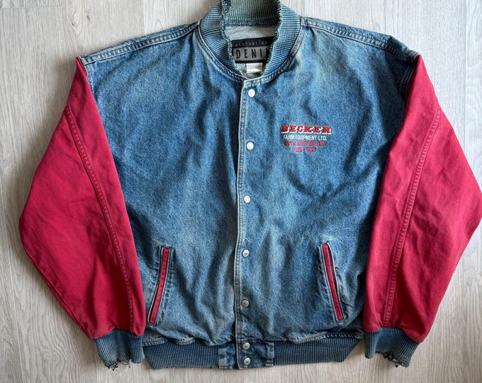 Vintage Denim Varsity Jacket Becker Farm Equipment 66th Anniversary 90s ...
