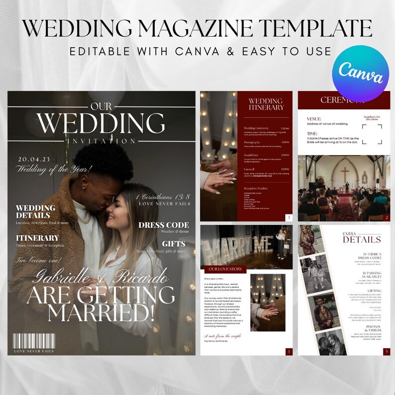 Wedding Invitation Magazine Canva Template | Modern Wedding Program ...