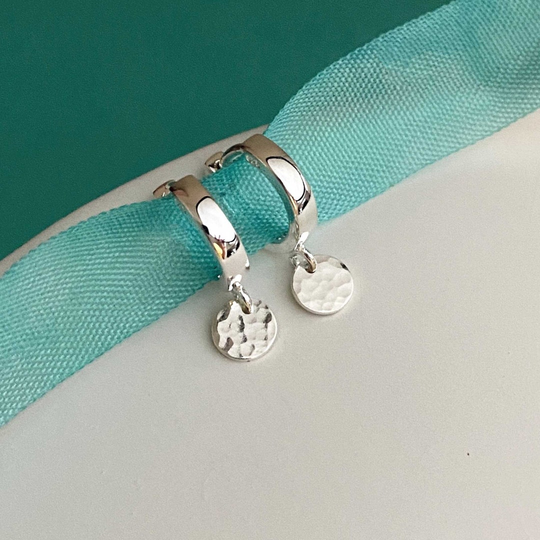 Small Hoop Earrings Silver Huggies With Hammered Charm Dangle Sterling ...