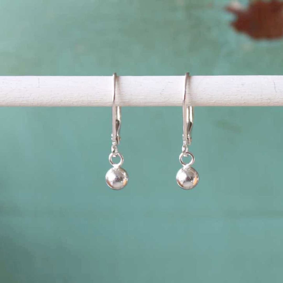Tiny Silver Earrings Dangle, Small Ball Drop Leverback Earrings, Minimalist Jewelry for Women ...