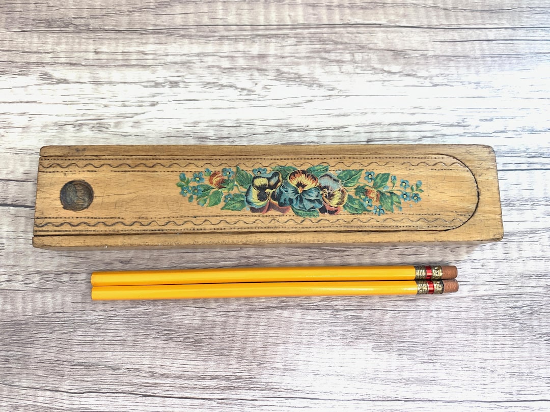 Vintage Wooden Pencil Box With Flowers | Slide Top Wood Pencil Box ...