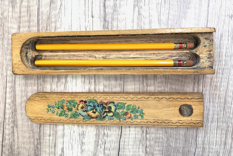 Vintage Wooden Pencil Box With Flowers | Slide Top Wood Pencil Box ...