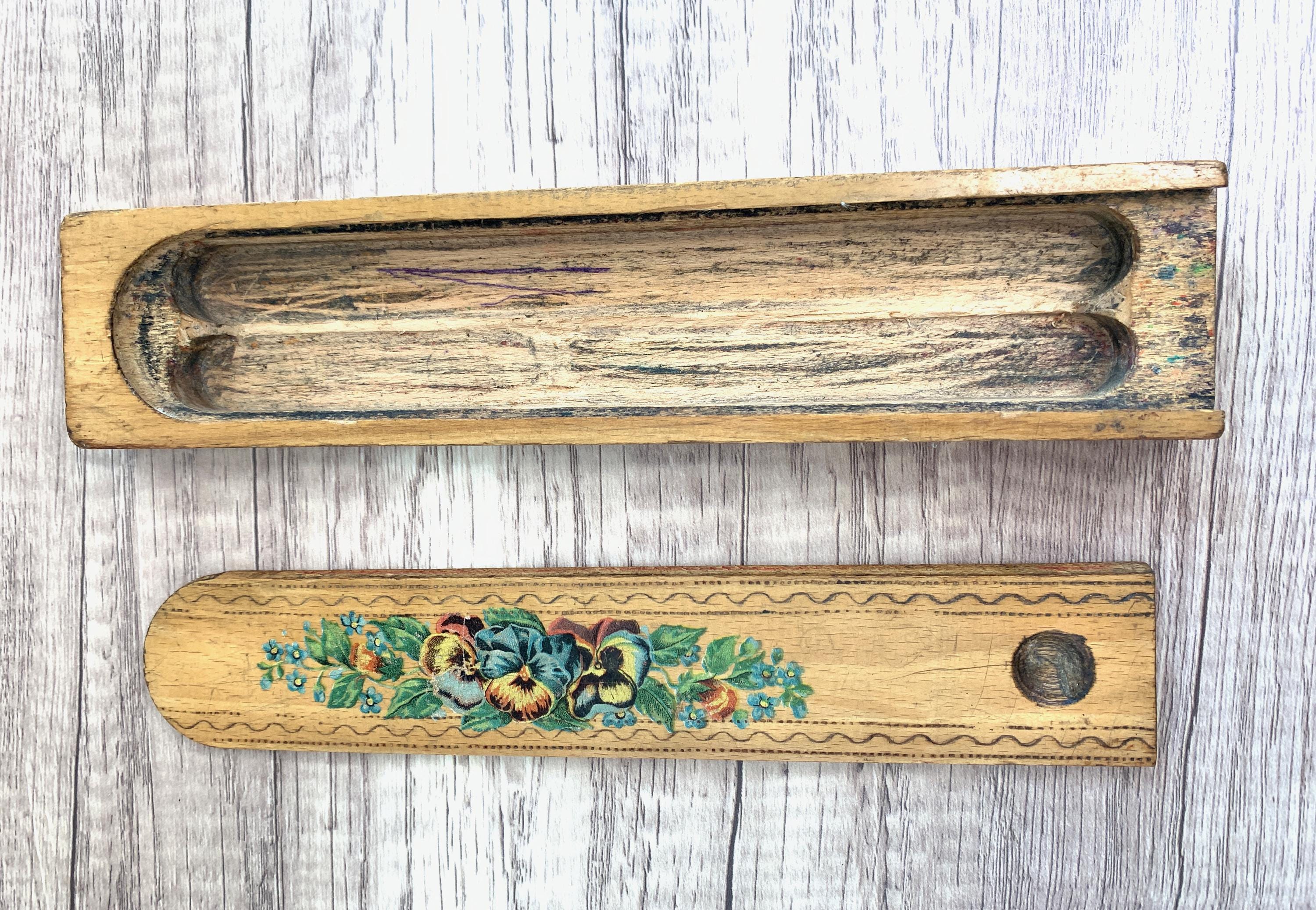 Vintage Wooden Pencil Box With Flowers | Slide Top Wood Pencil Box ...