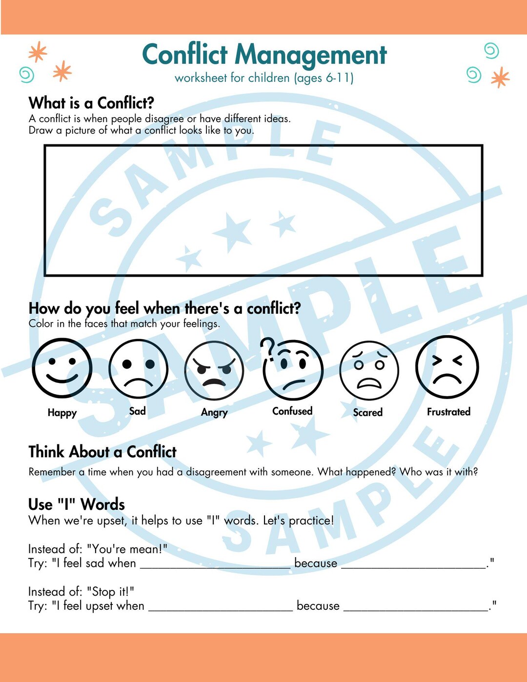 Conflict Management Worksheet for Children Ages 6-11 Printable - Etsy