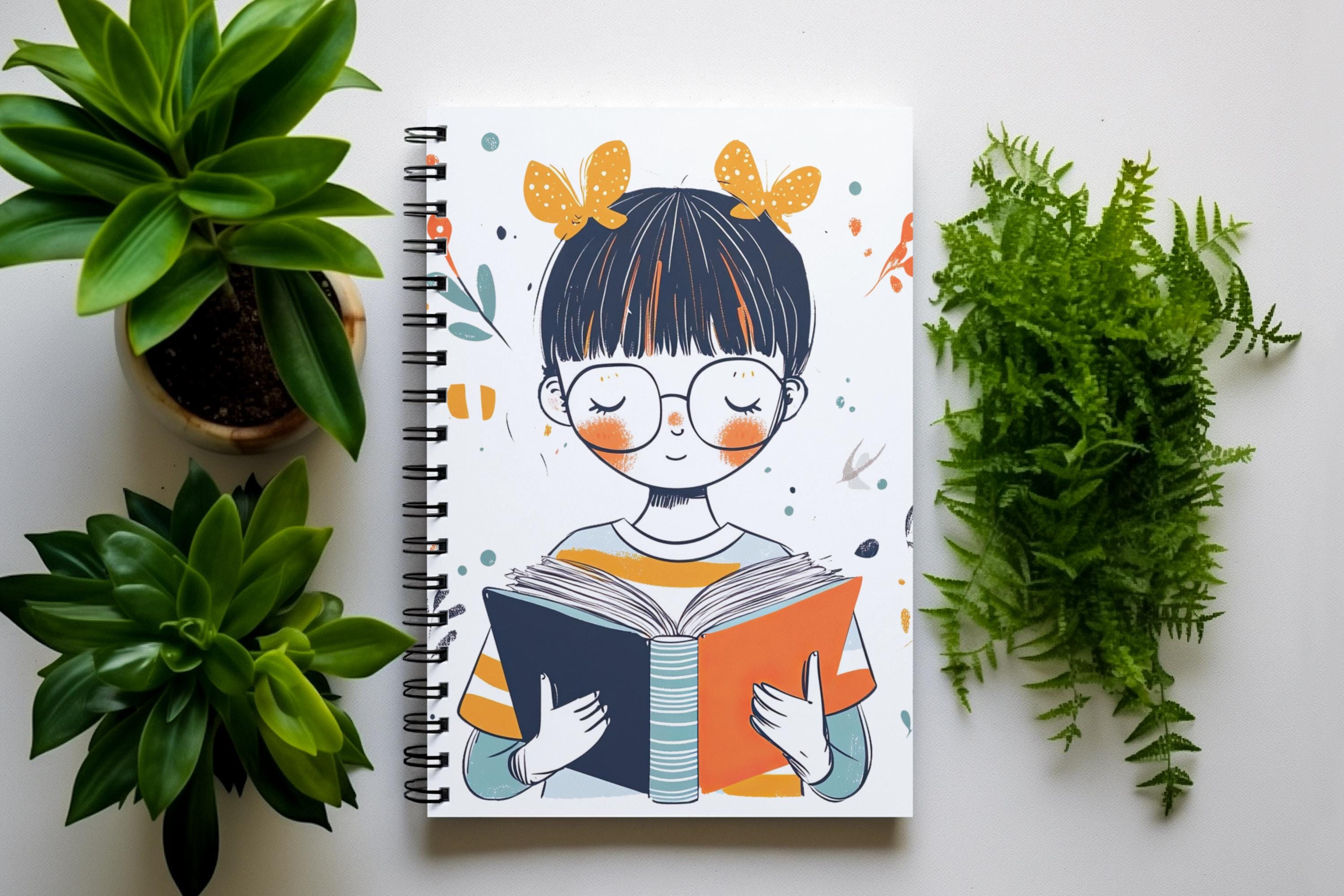 Book Lover Notebook Cute Reading Girl Art Ruled Line Spiral Literary ...