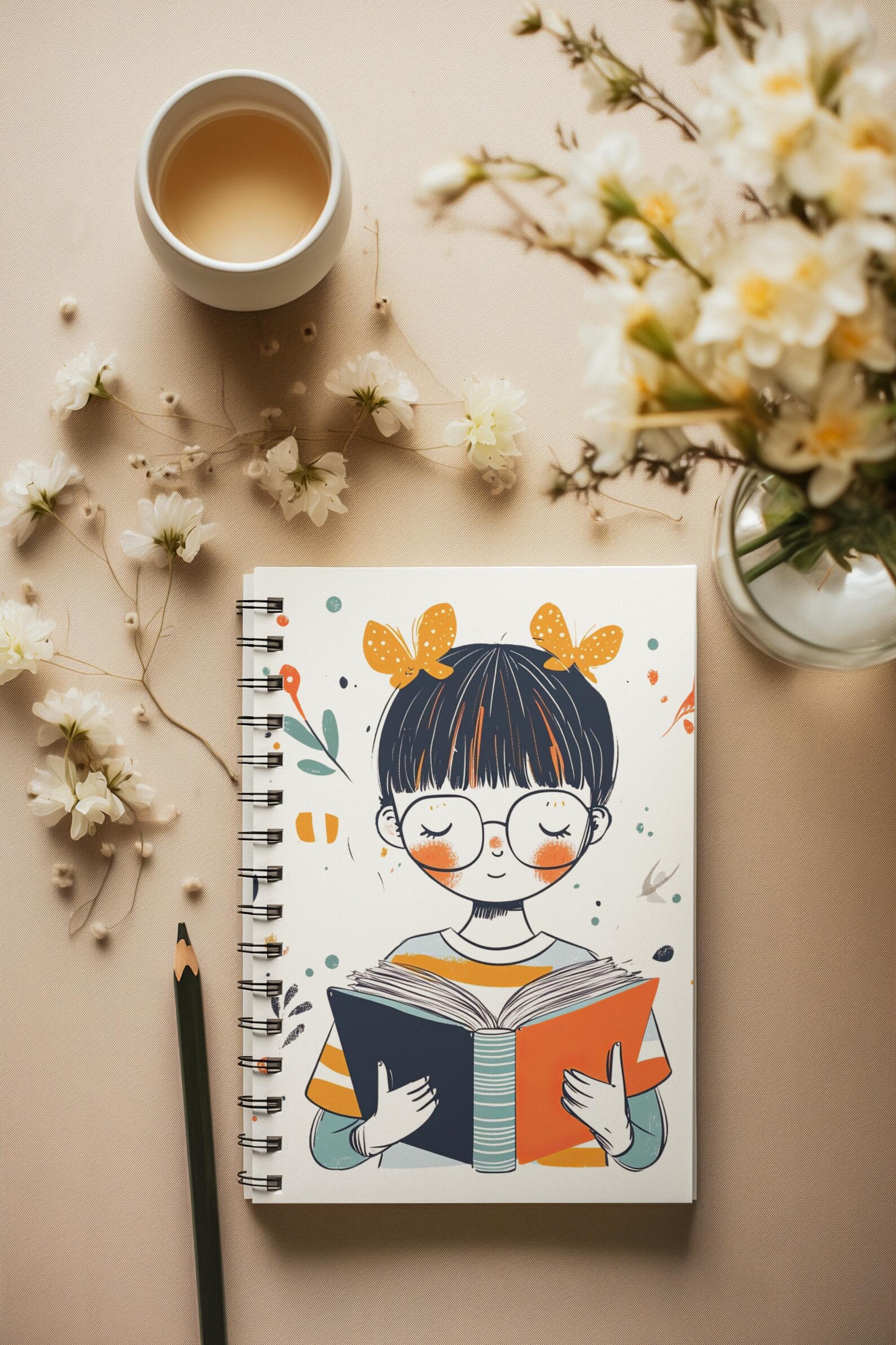 Book Lover Notebook Cute Reading Girl Art Ruled Line Spiral Literary ...
