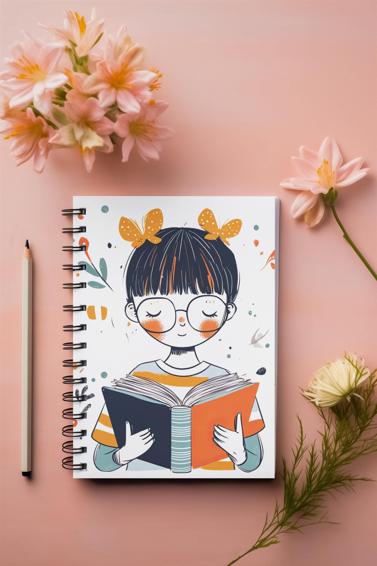 Book Lover Notebook Cute Reading Girl Art Ruled Line Spiral Literary ...