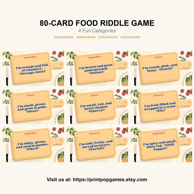 80 Card Food Themed Riddle Game | Printable Trivia Cards for Family Fun ...