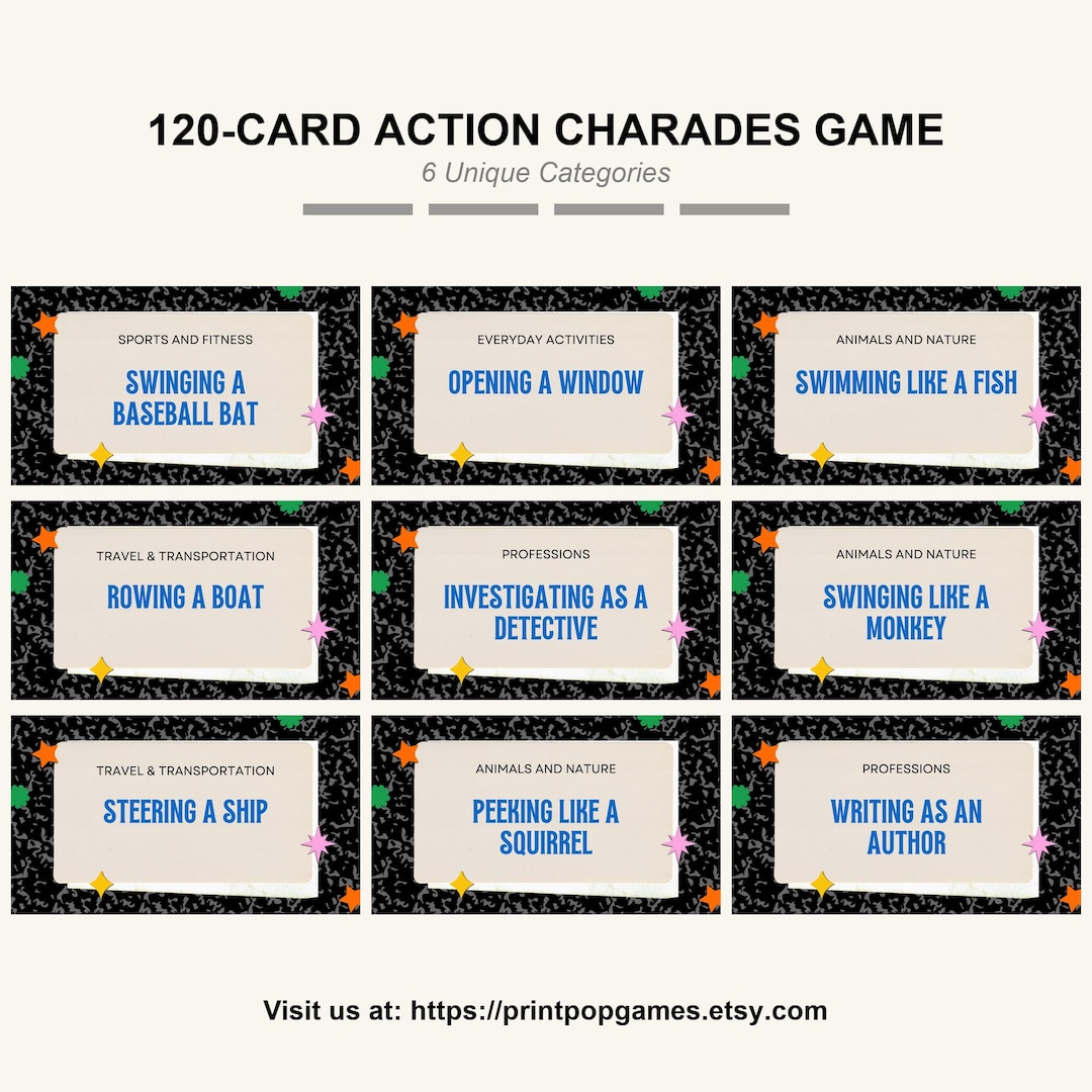 Action Charades Cards: 120 Printable Game Prompts (PDF) - Etsy