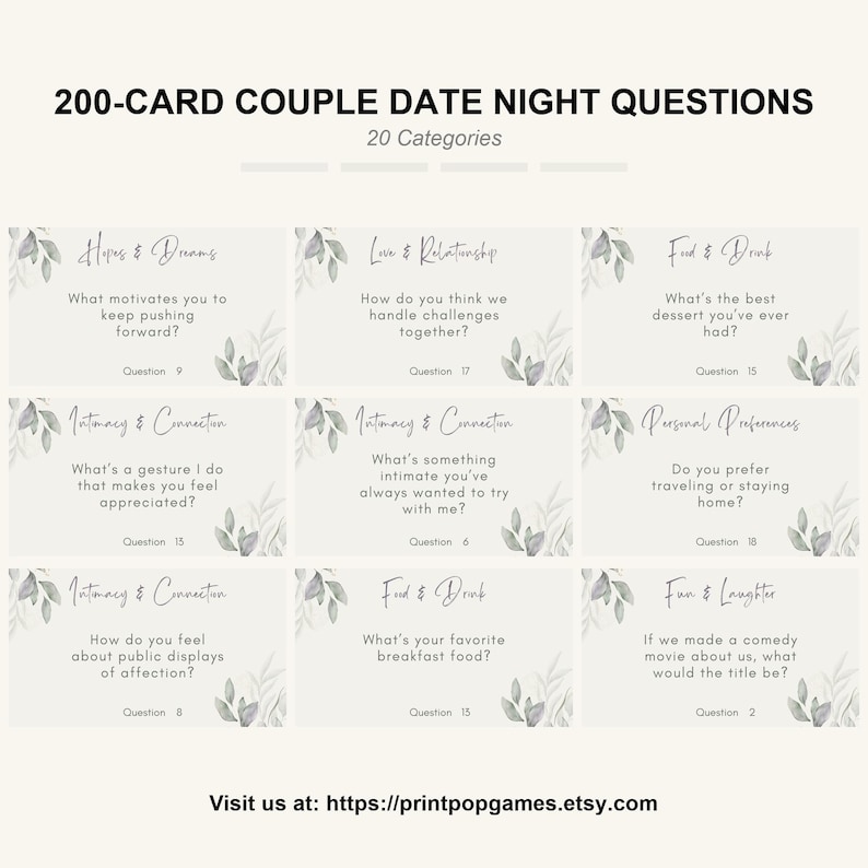 200 Fun Romantic Date Night Questions for Couples Printable Game | Love ...