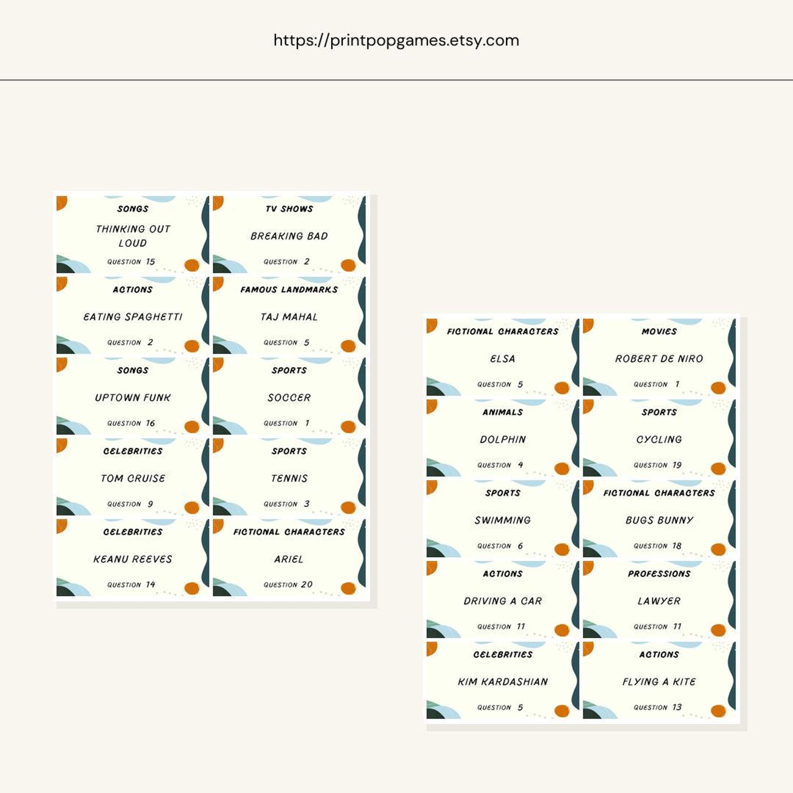 Printable Charades Cards: 200 Fun Prompts for Family Game Night (PDF ...
