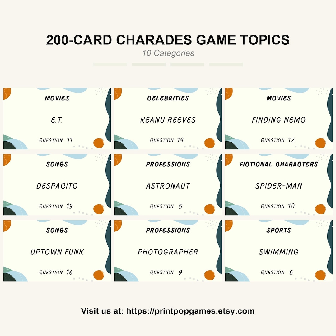 Printable Charades Cards: 200 Fun Prompts for Family Game Night (PDF ...