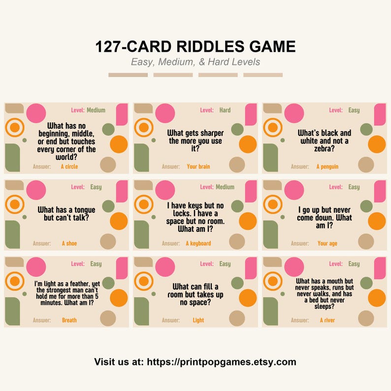127-card Riddle Game: Fun for Family & Friends (printable PDF) - Etsy
