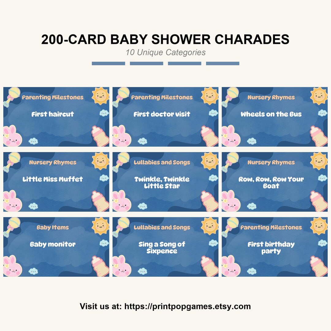 Baby Shower Charades: 200 Printable Cards, 10 Game Categories (PDF) - Etsy