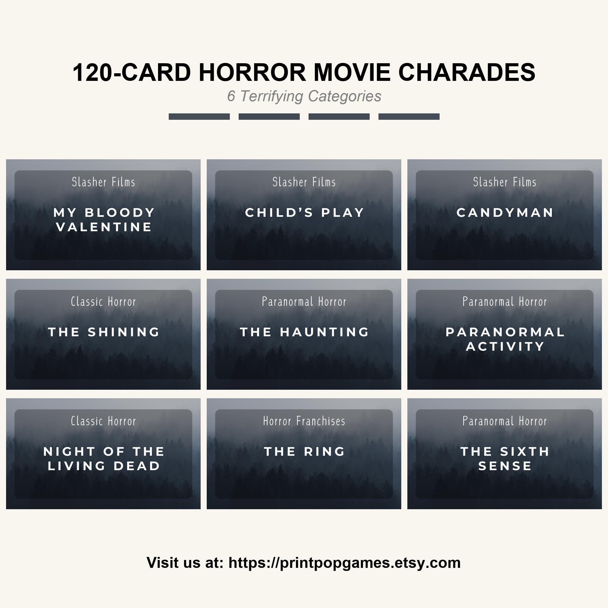 Horror Movie Charades: 120 Printable Cards, Halloween Game (instant ...
