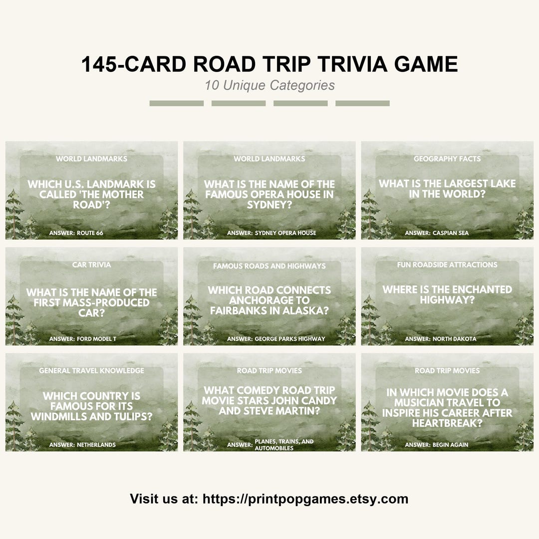 Road Trip Trivia Game: 145 Travel Questions (printable PDF) - Etsy