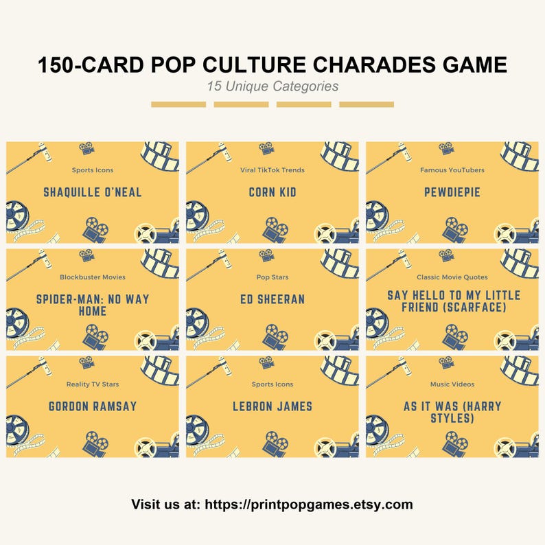 Pop Culture Charades Game: 150 Cards for Family & Friends (PDF) - Etsy