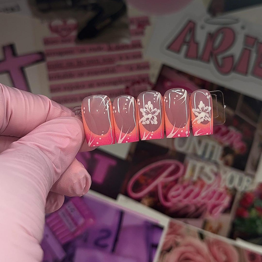 Hibiscus Press on Nails | Press Ons | French Tip Nails | Pink Nails ...