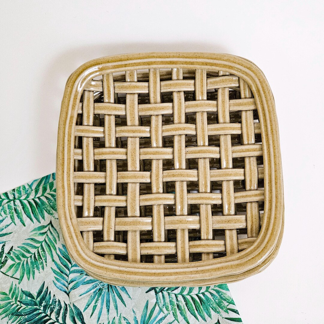 4. Asian Style Rattan-patterned Pottery Square Plate BROWN / Handmade ...