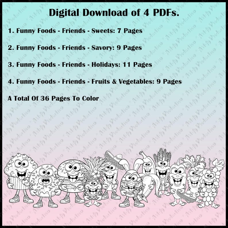 Funny Foods Friends Digital Coloring Book Bundle | Easy Coloring Pages ...