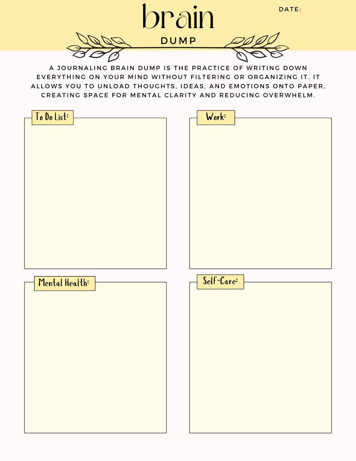 Journal Brain Dump Worksheet Mental Clarity Printable Organize Your ...