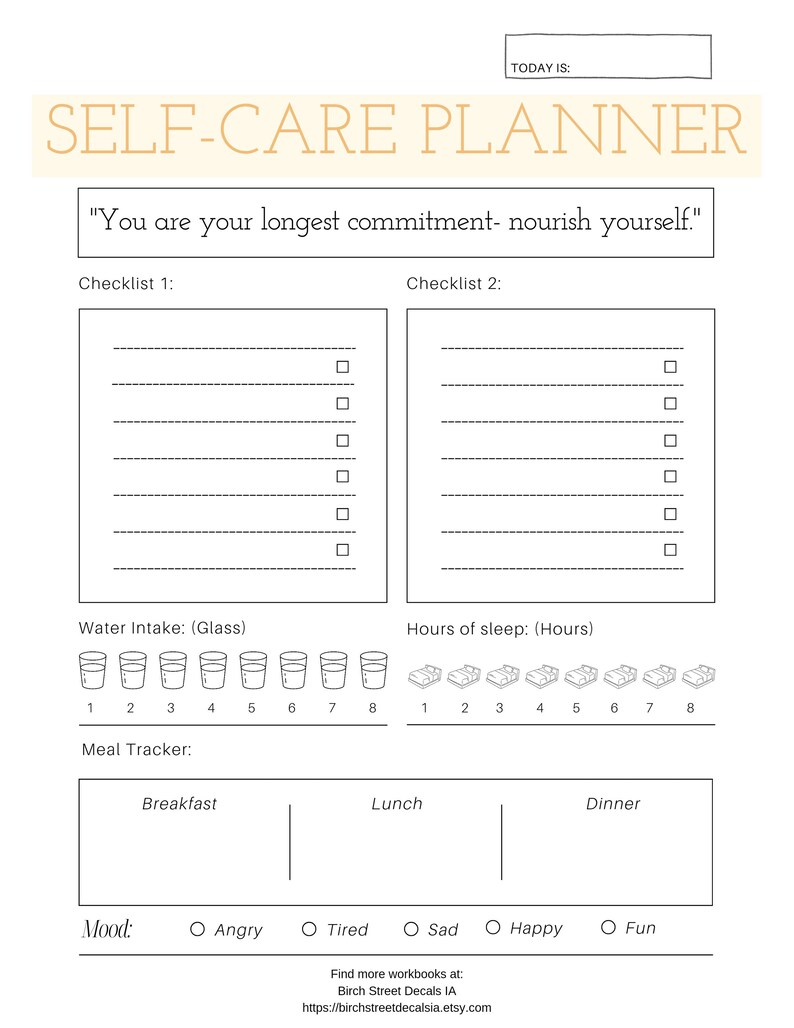 Daily Self-care Checklist Sheet, Wellness & Organization Planner, Water ...