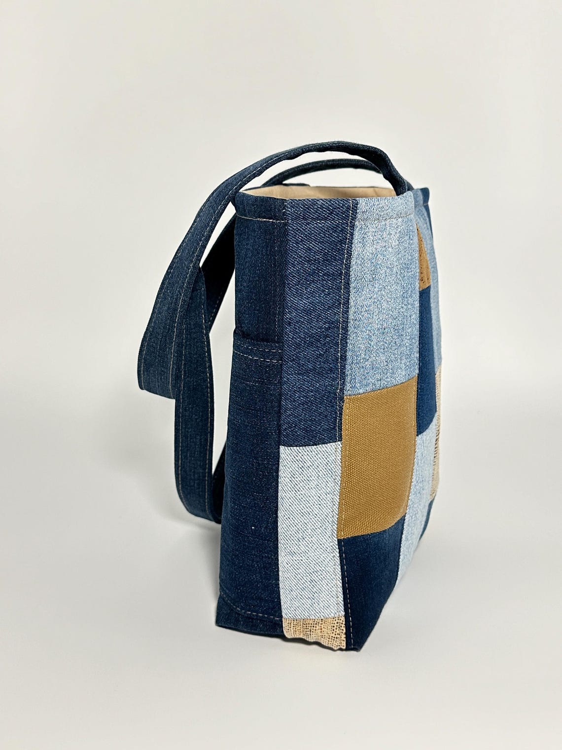 Denim Tote Bag, Medium Tote Bag, Handmade Denim Patchwork Tote Bag ...