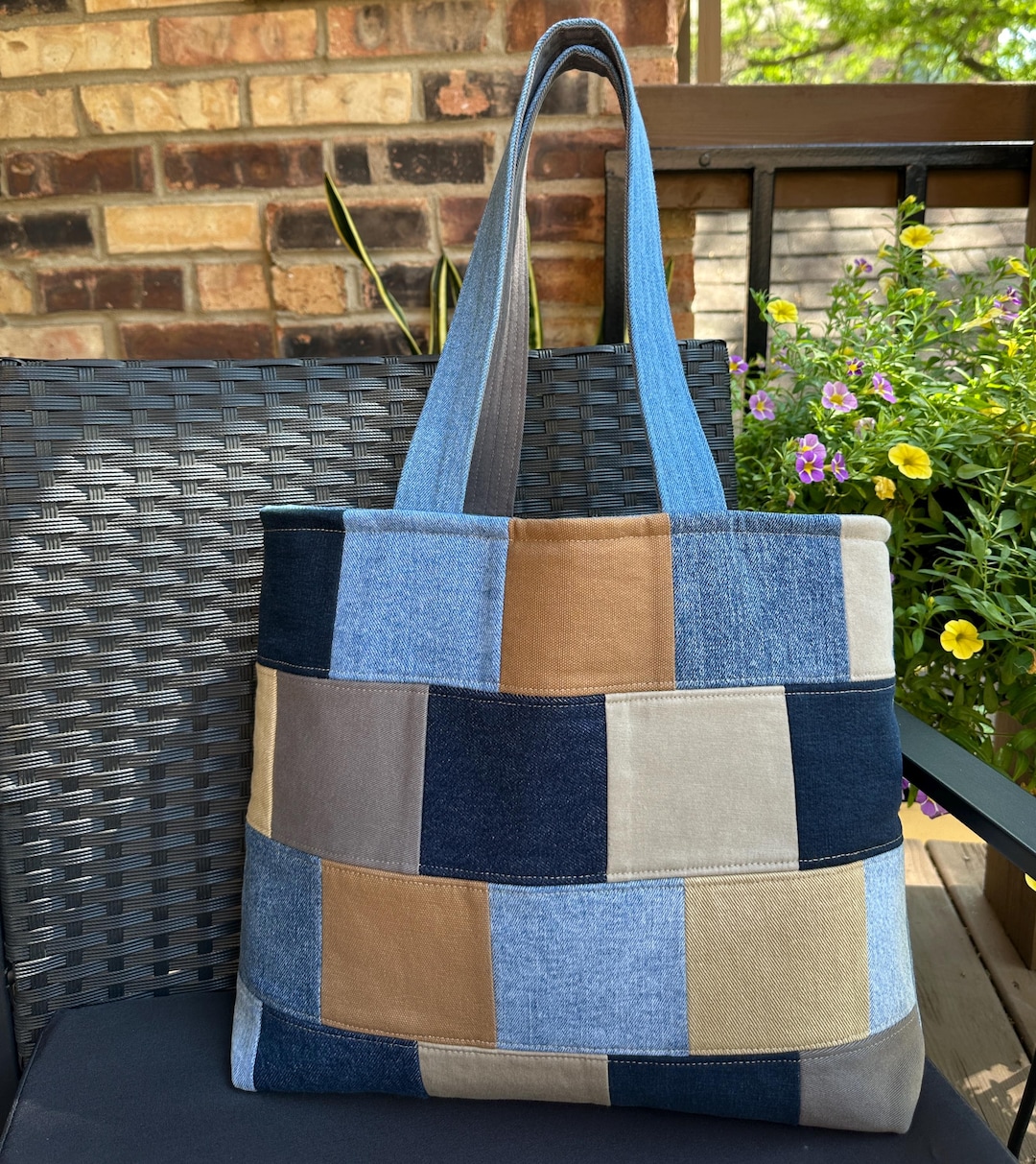 Handmade Denim Patchwork Tote Bag: Upcycled Blue & Beige, 4 Interior ...