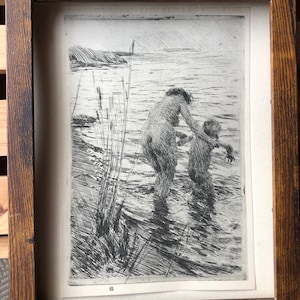 Anders Zorn, Une Premiere | Framed Antique Etching 1925 Original Published Lithograph Mother and ...
