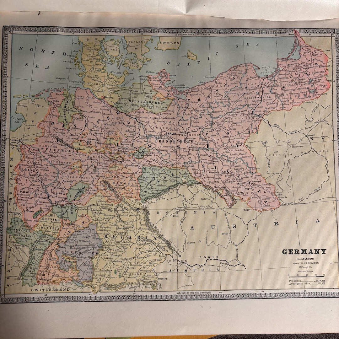 1886 Map of Germany | Hand Colored Lithograph | 13 by 11 Inches History ...