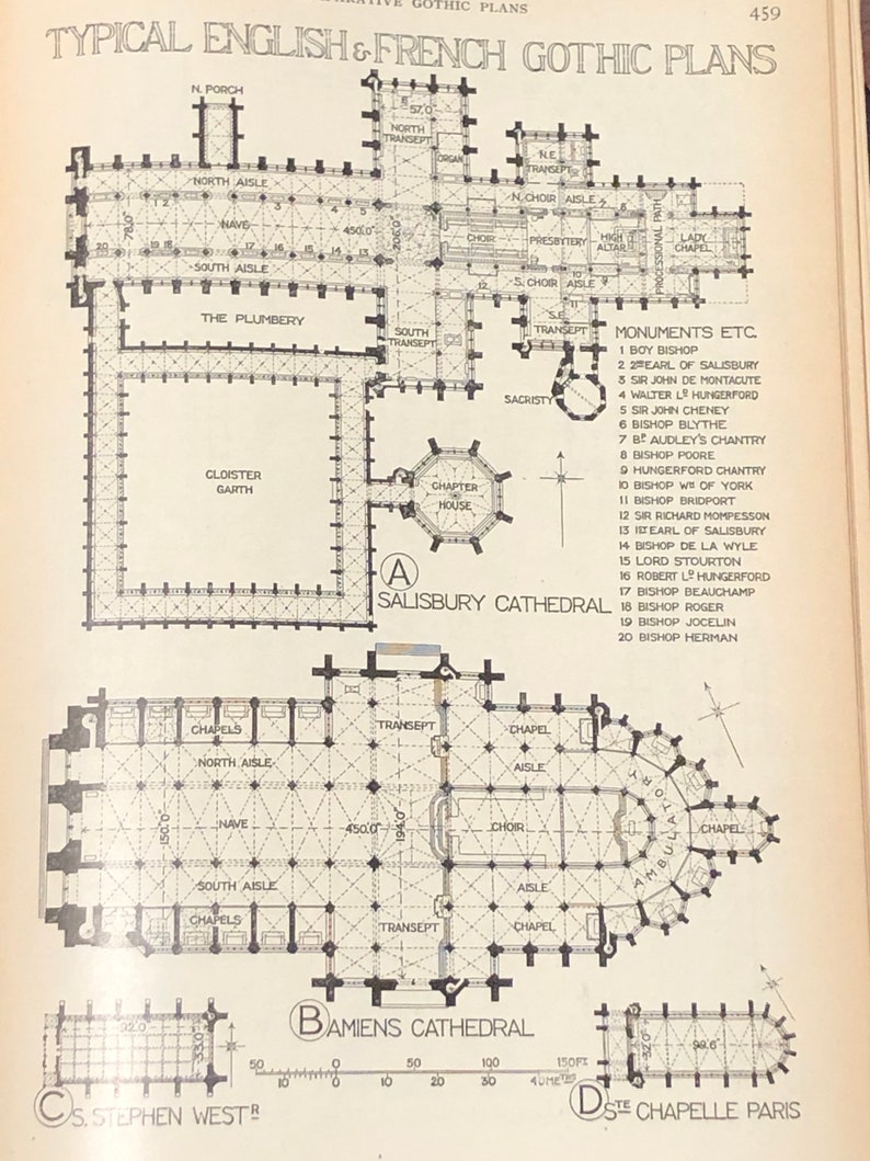 Gothic Cathedral Plans 1920 Original Lithograph Print for Framing Gift ...